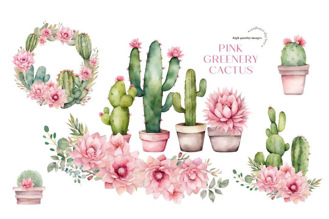 Watercolor Cactus Pink Flowers Clipart, Greenery Cactus Floral Clipart ...