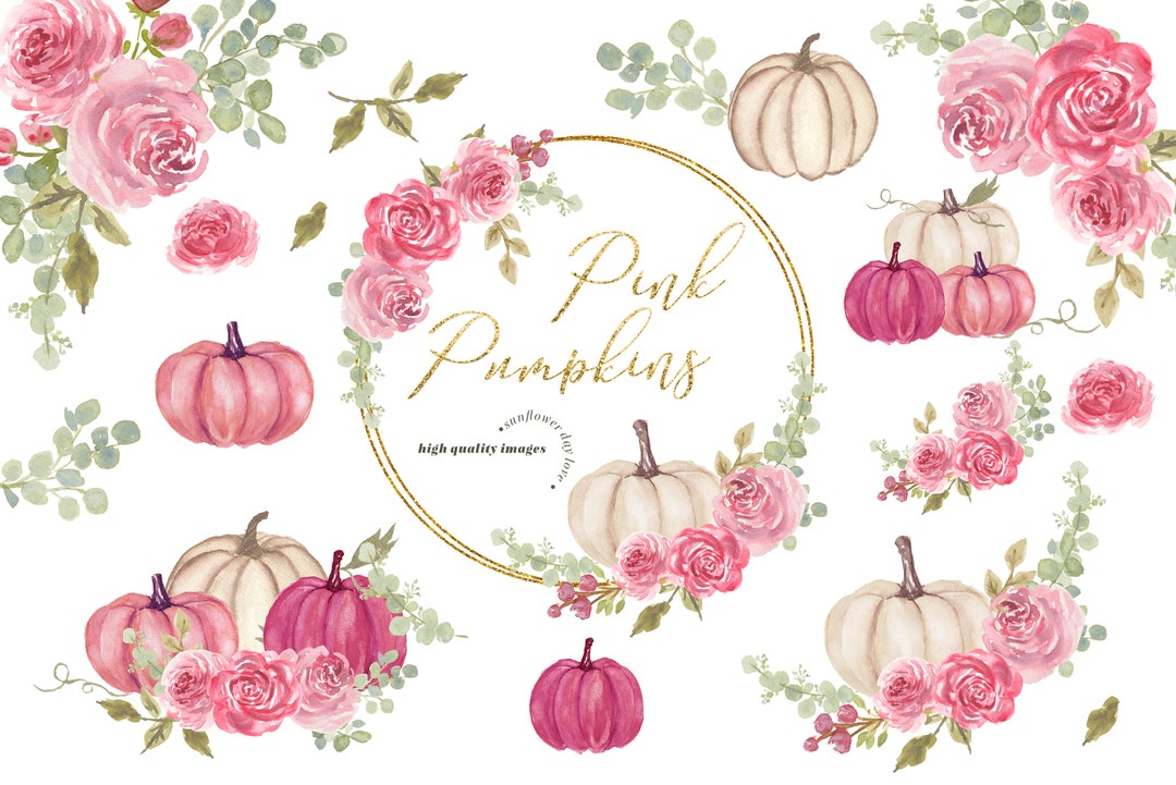 Pink White Autumn Pumpkin Clipart, Watercolor Dusty Pink Flowers Fall ...