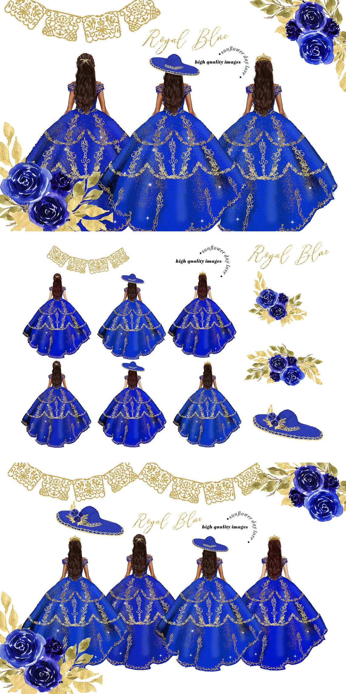 Royal Blue Princess Dresses Watercolor Clipart, Royal Blue Quinceañera ...
