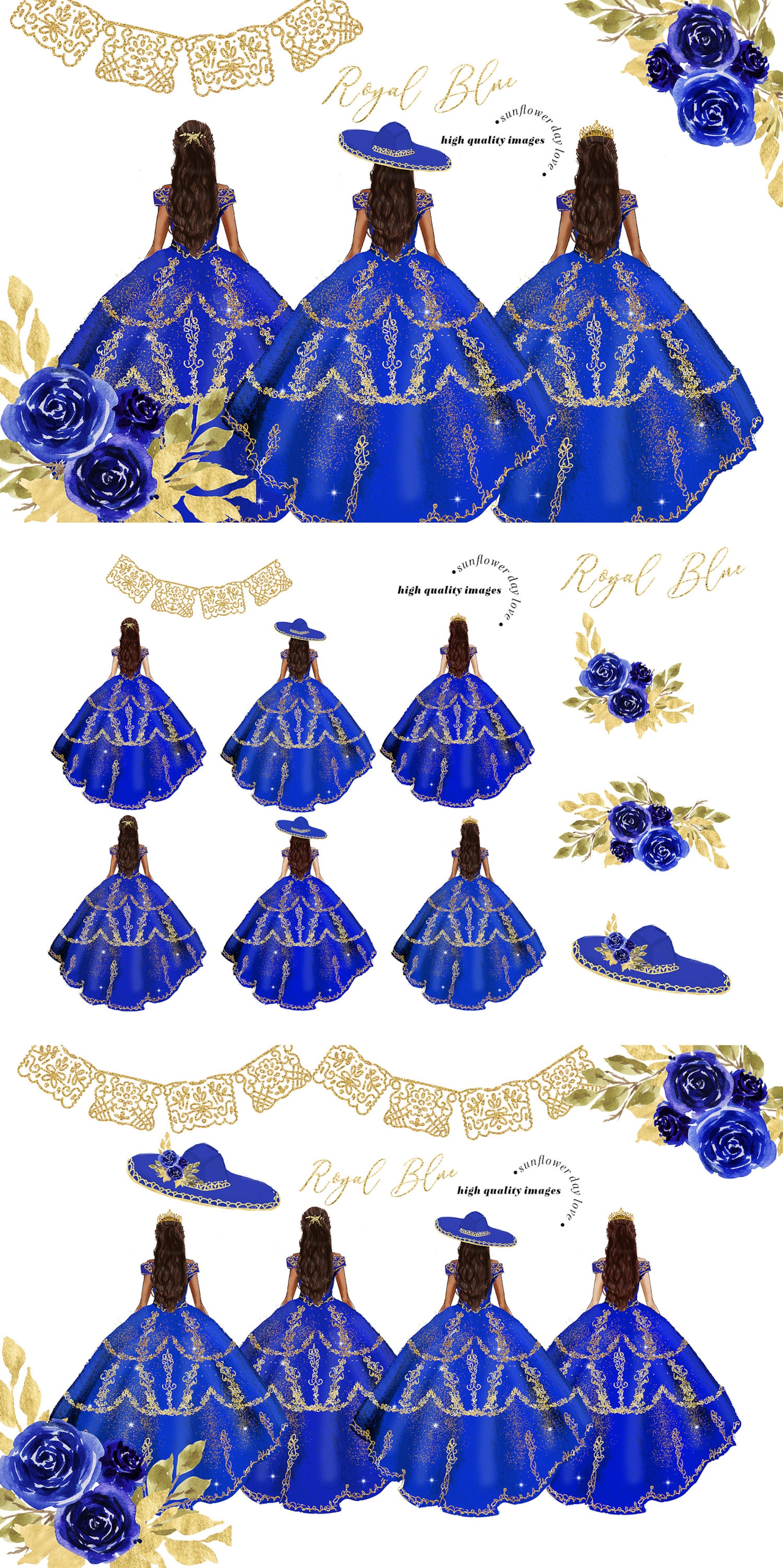 Royal Blue Princess Dresses Watercolor Clipart, Royal Blue Quinceañera ...