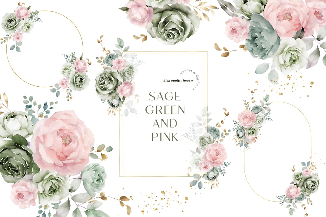 Watercolor Sage Green & Pink Flowers Bouquets Birthday Clipart, Sage ...