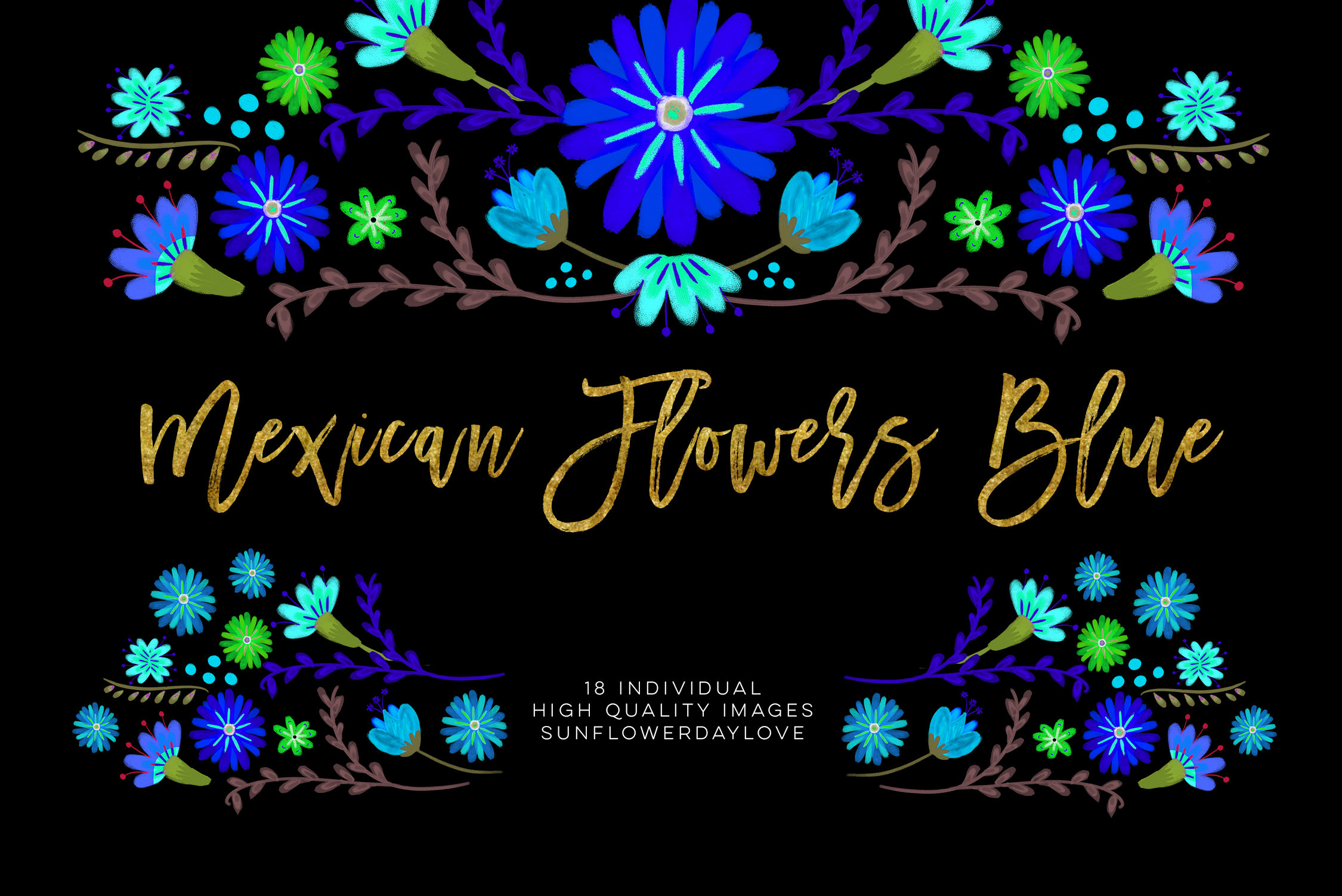 Blue Mexican Watercolor Floral clipart Blue fiesta flowers | Etsy