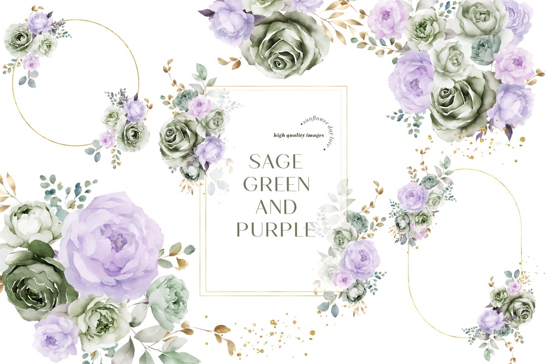 Watercolor Sage Green & Purple Flowers Bouquets Birthday Clipart, Sage ...