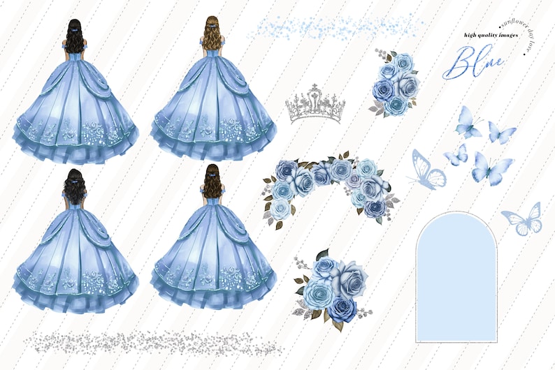 Elegant Arch Blue Princess Dresses Watercolor Clipart, Blue Quinceañera ...