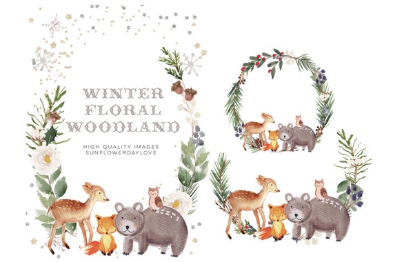 Frame Watercolor Winter Woodland Christmas Animal Clipart | Etsy