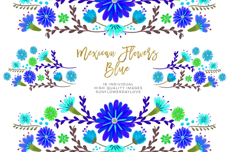 Blue Mexican Watercolor Floral Clipart Blue Fiesta Flowers - Etsy