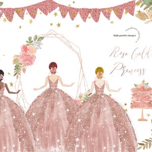 Modern Rose Gold Princess Dresses Pink Flowers Watercolor Clipart ...