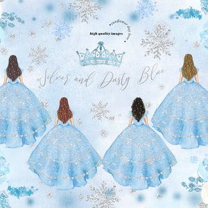 Winter Snowflake Silver Dusty Blue Princess Dresses Watercolor Clipart ...