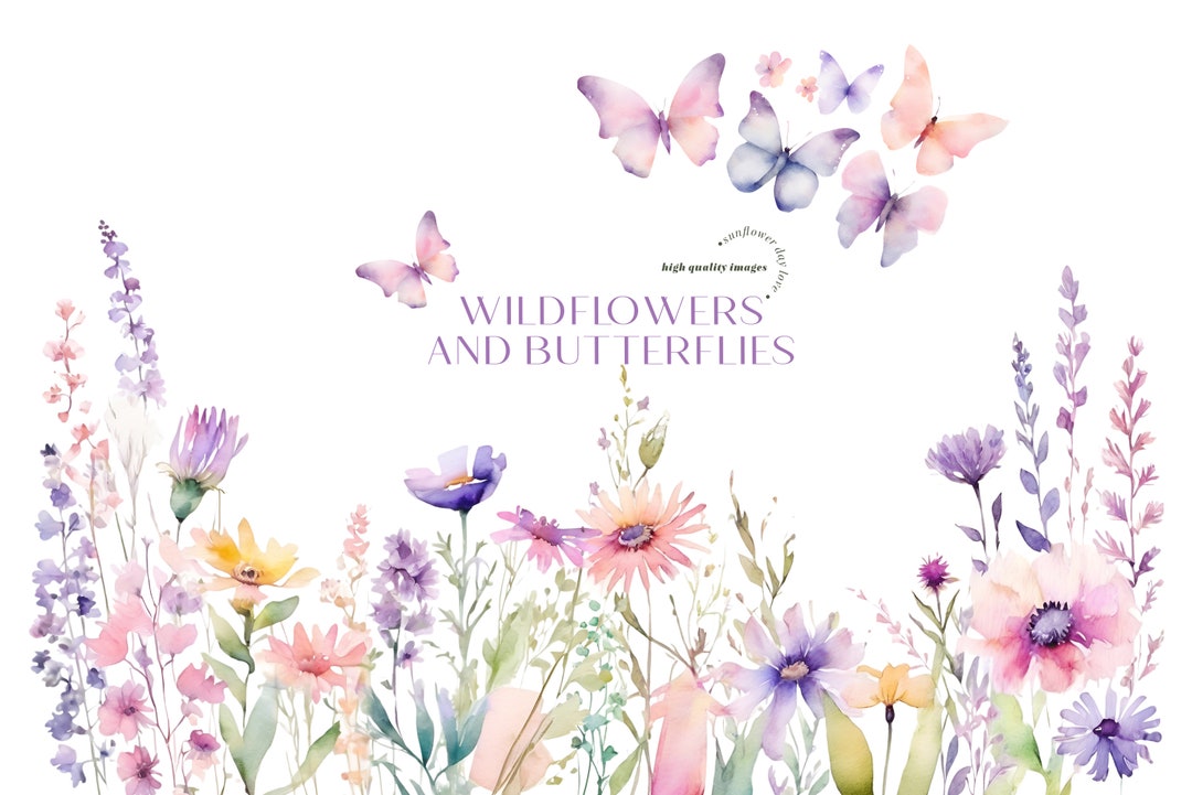Watercolor Wildflowers Butterflies Clipart, Elegant Colorful Butterfly ...