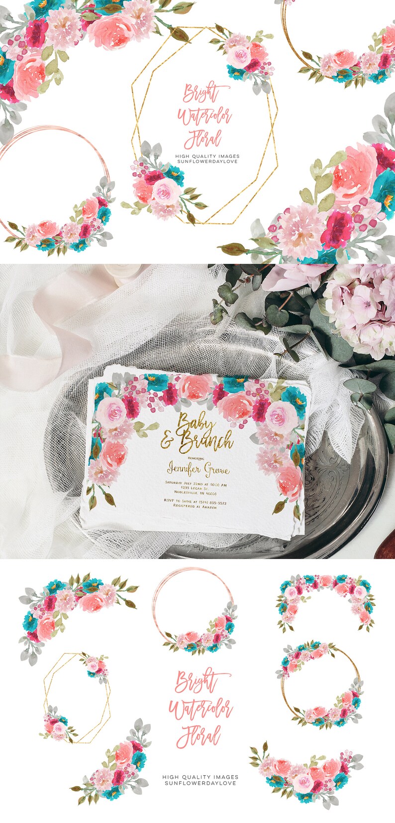 Geometric Gold Frame Pink Watercolor Cakes Clipart Colorful | Etsy