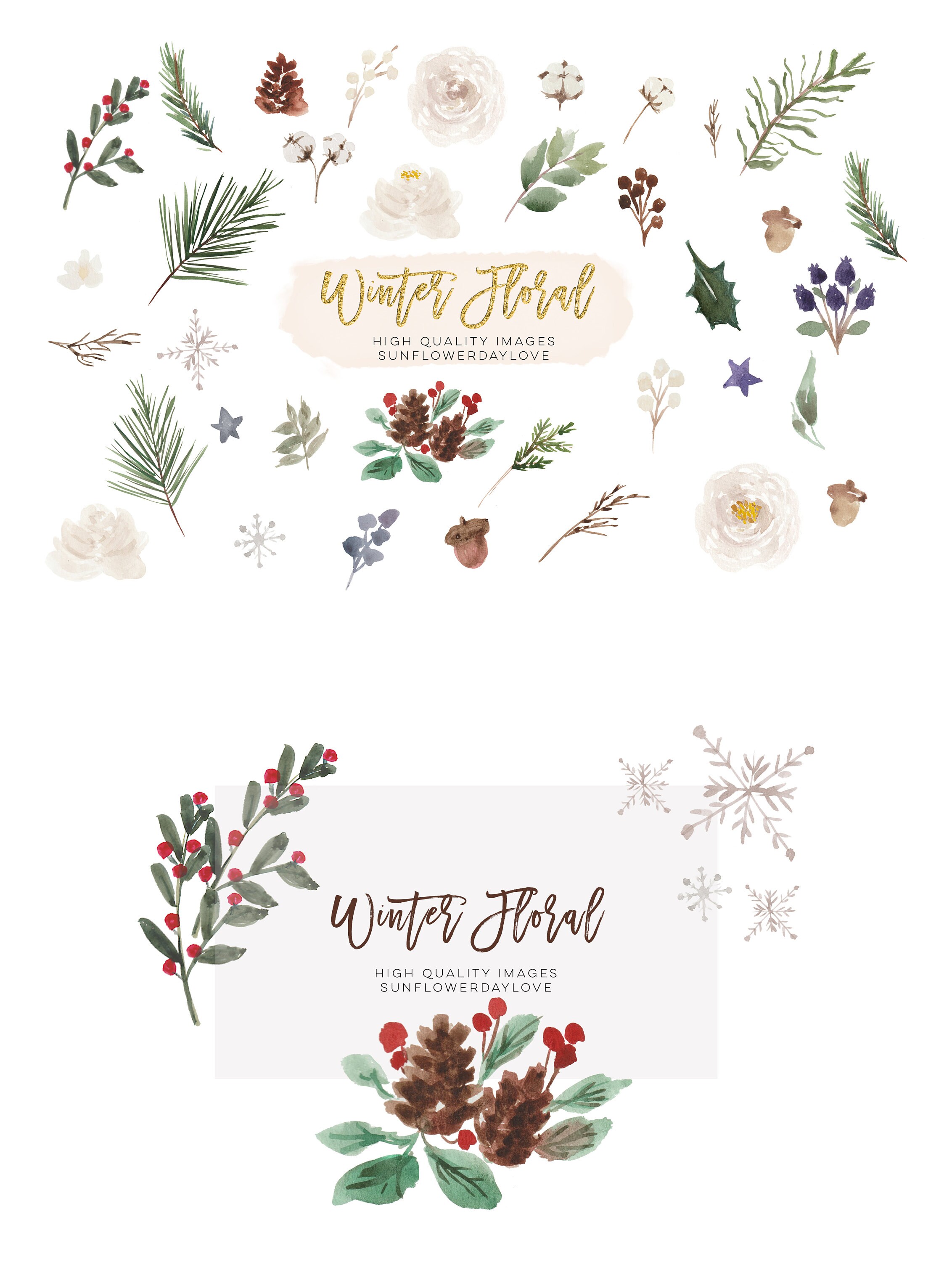Watercolor Christmas floral clipart Winter floral clipart | Etsy