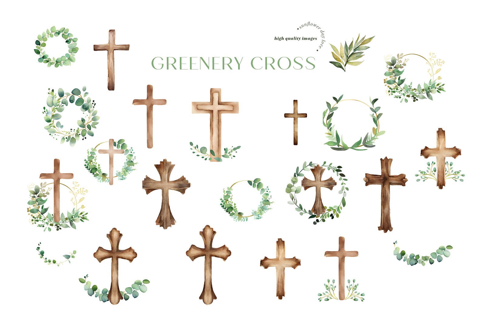 Greenery Floral Easter Cross Baptism Clipart, Greenery Flowers Rustic ...