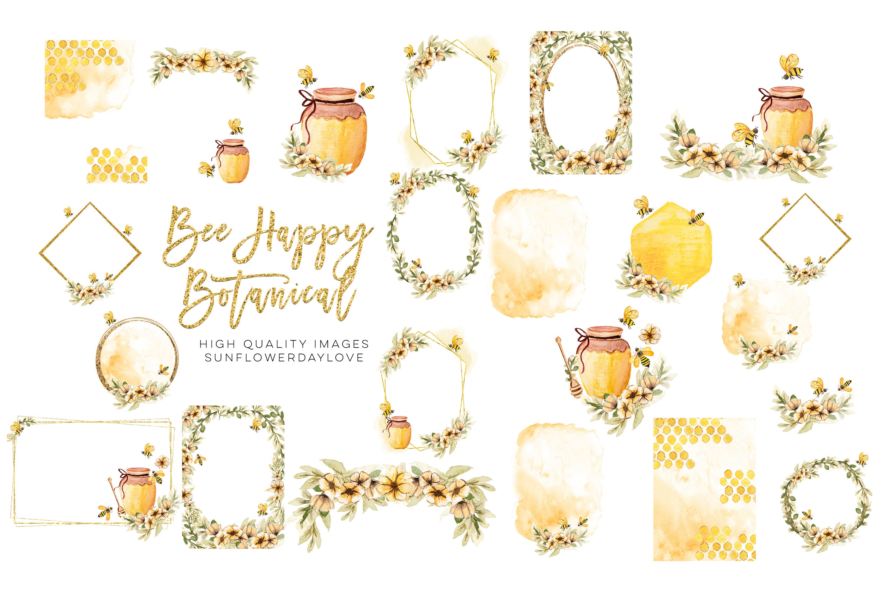 Bee Watercolor Clipart, Greenery Bee Frames Clip Art, Honey Bees ...