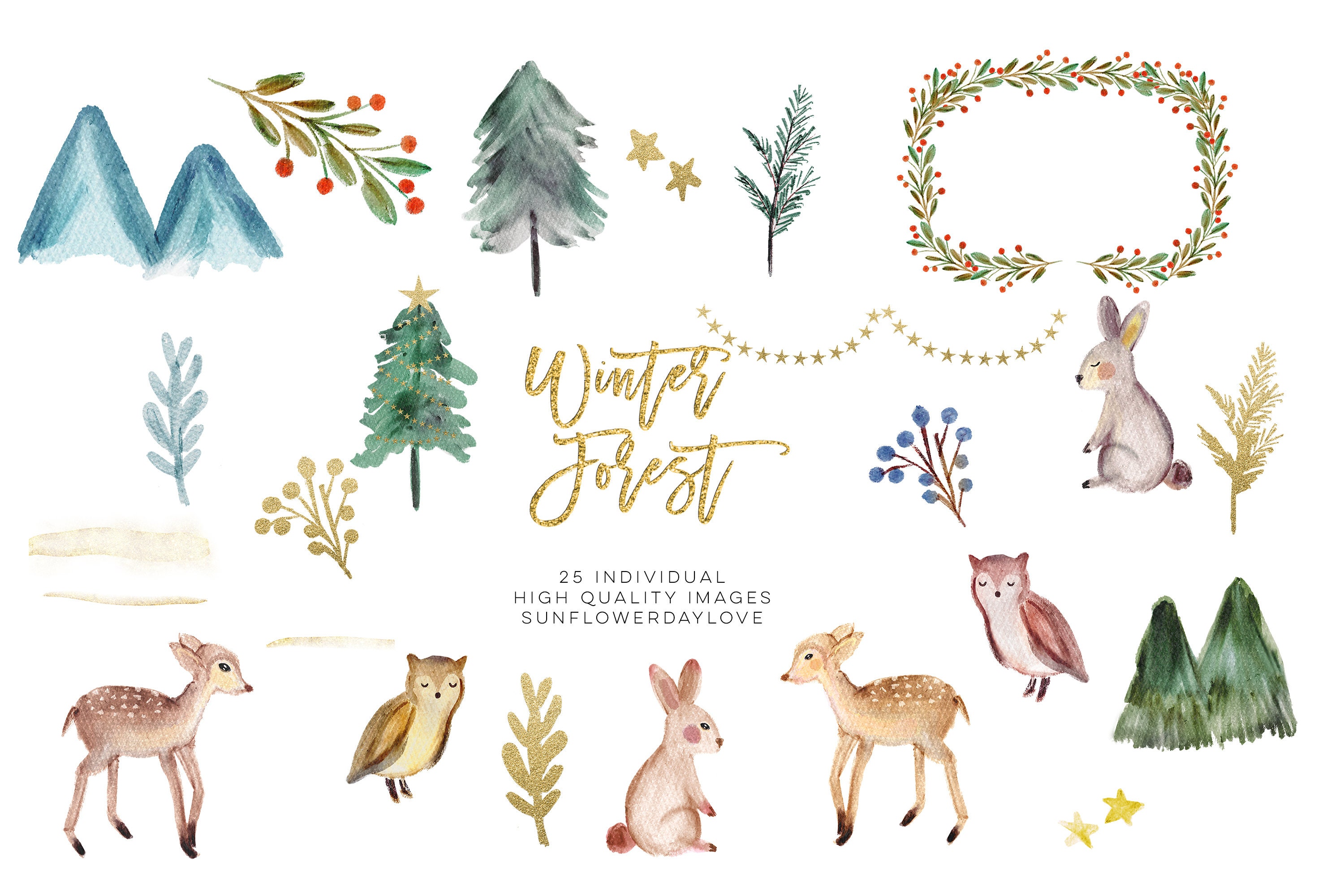 Winter Woodland Animals Clipart Watercolor Pine Trees - Etsy