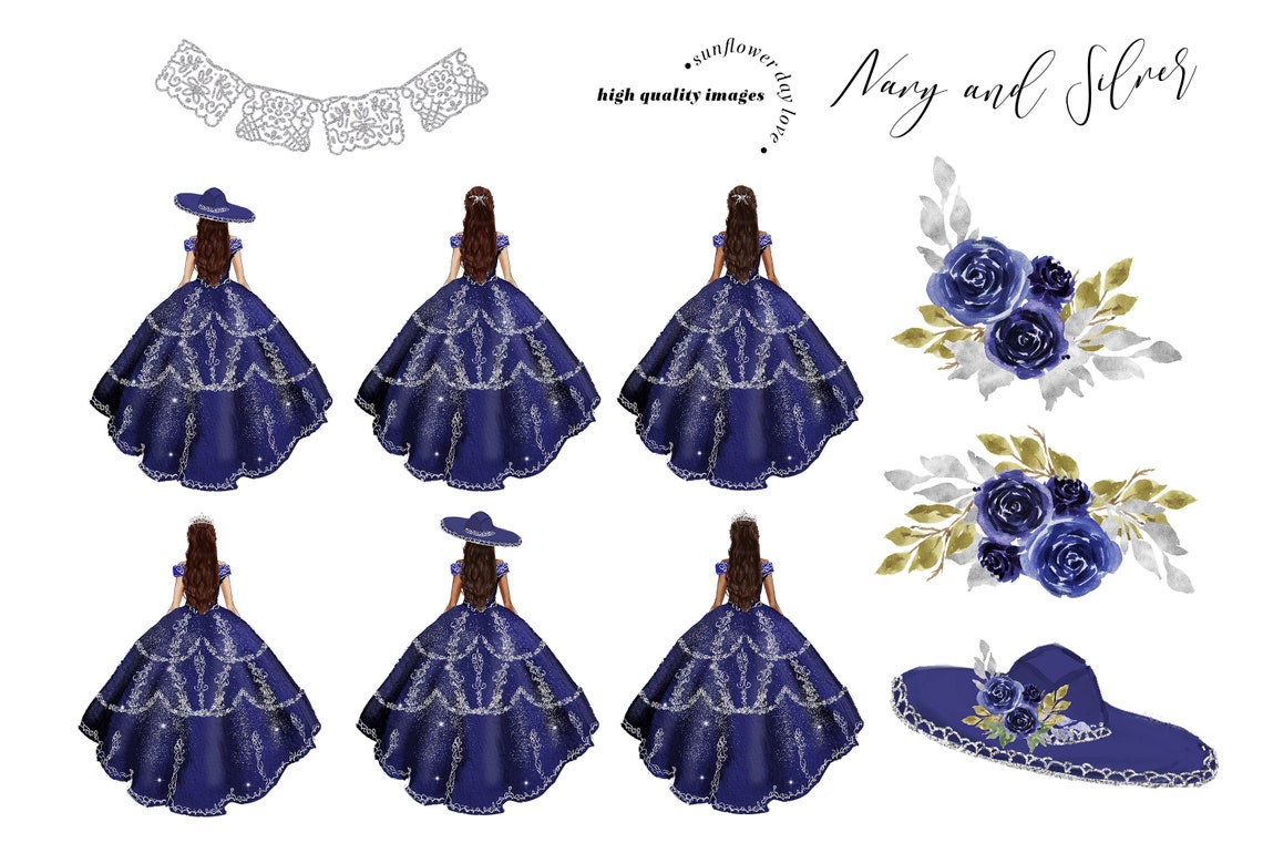 Navy Blue Silver Princess Dresses Watercolor Clipart Navy - Etsy