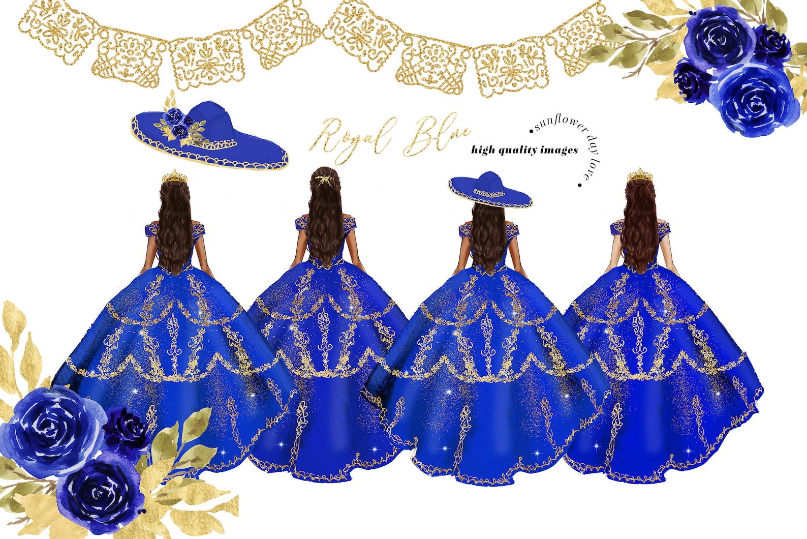 Royal Blue Princess Dresses Watercolor Clipart, Royal Blue Quinceañera ...