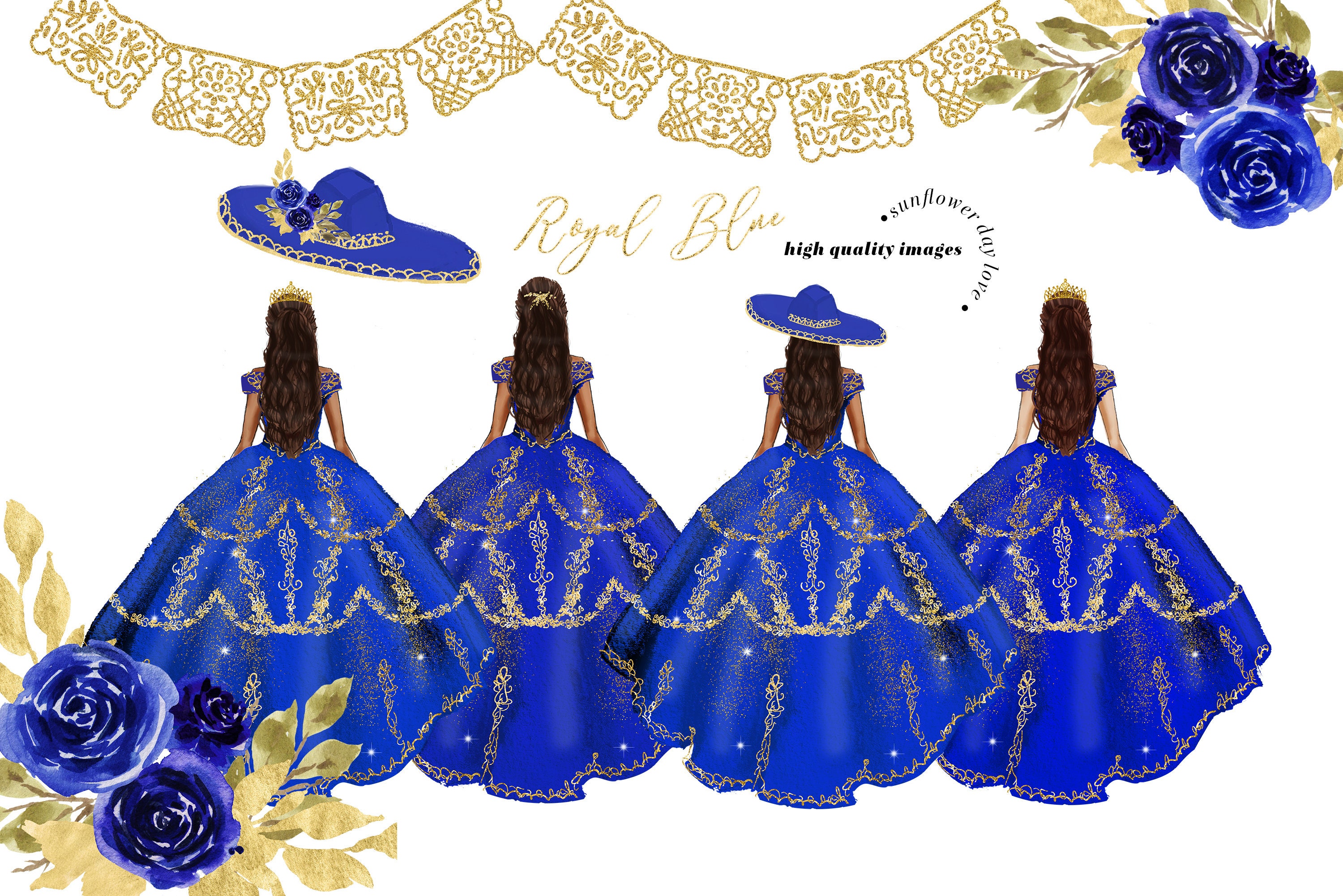 Royal Blue Princess Dresses Watercolor Clipart, Royal Blue Quinceañera ...