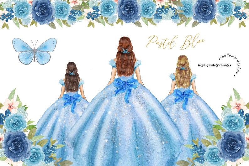 Elegant Pastel Blue Princess Dresses Fashion Clipart Blue - Etsy