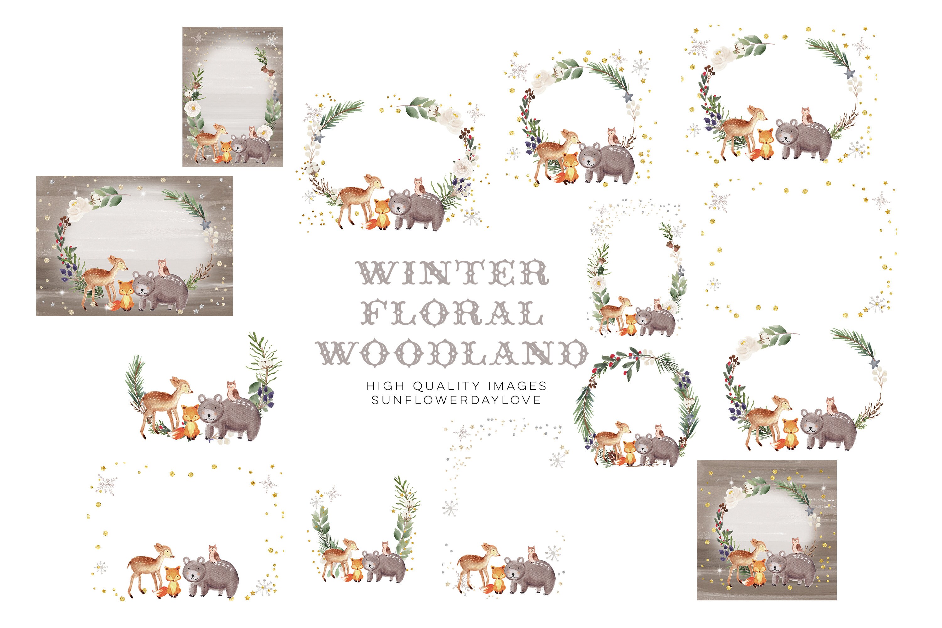 Frame Watercolor Winter Woodland Christmas Animal Clipart | Etsy