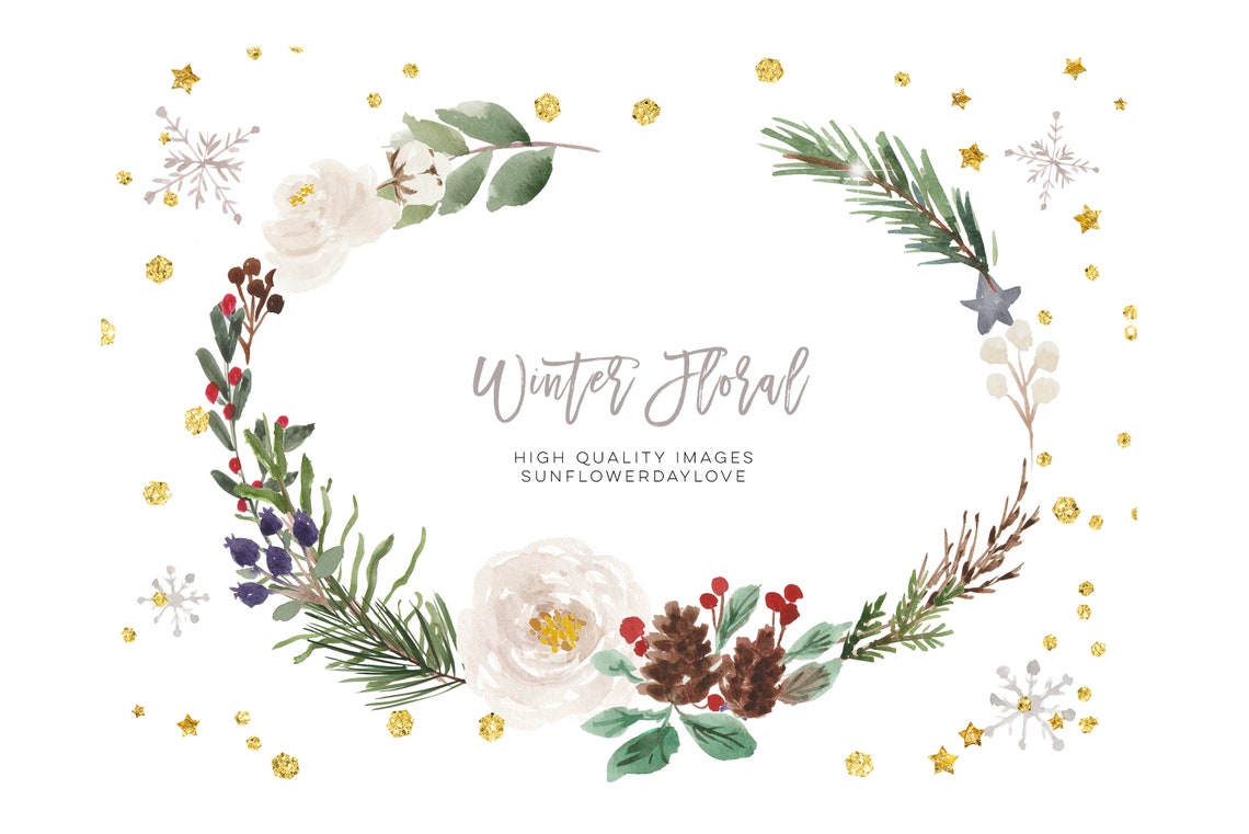 Watercolor Frame Christmas Floral Winter Clipart White - Etsy