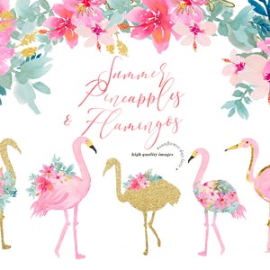Tropical Clip Art, Pink Flamingos Watercolor Summer Clipart Set ...