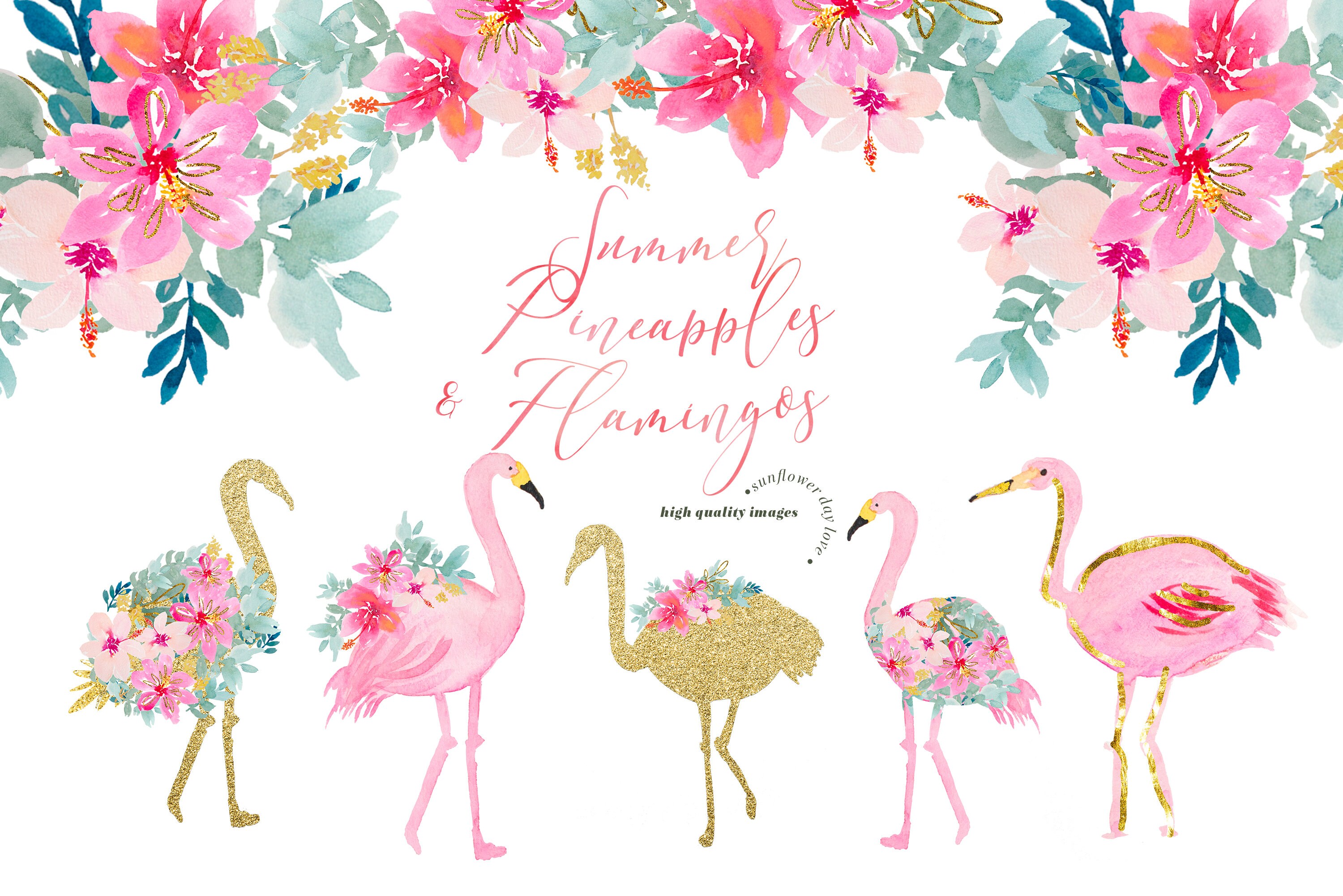 Tropical Clip Art Pink Flamingos Watercolor Summer Clipart - Etsy