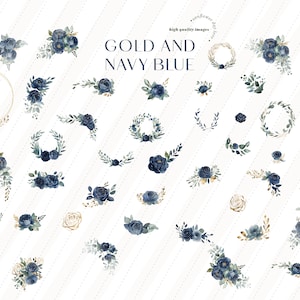 Elegant Navy & Gold Flower Watercolor Bouquets Clipart, Navy Blue ...