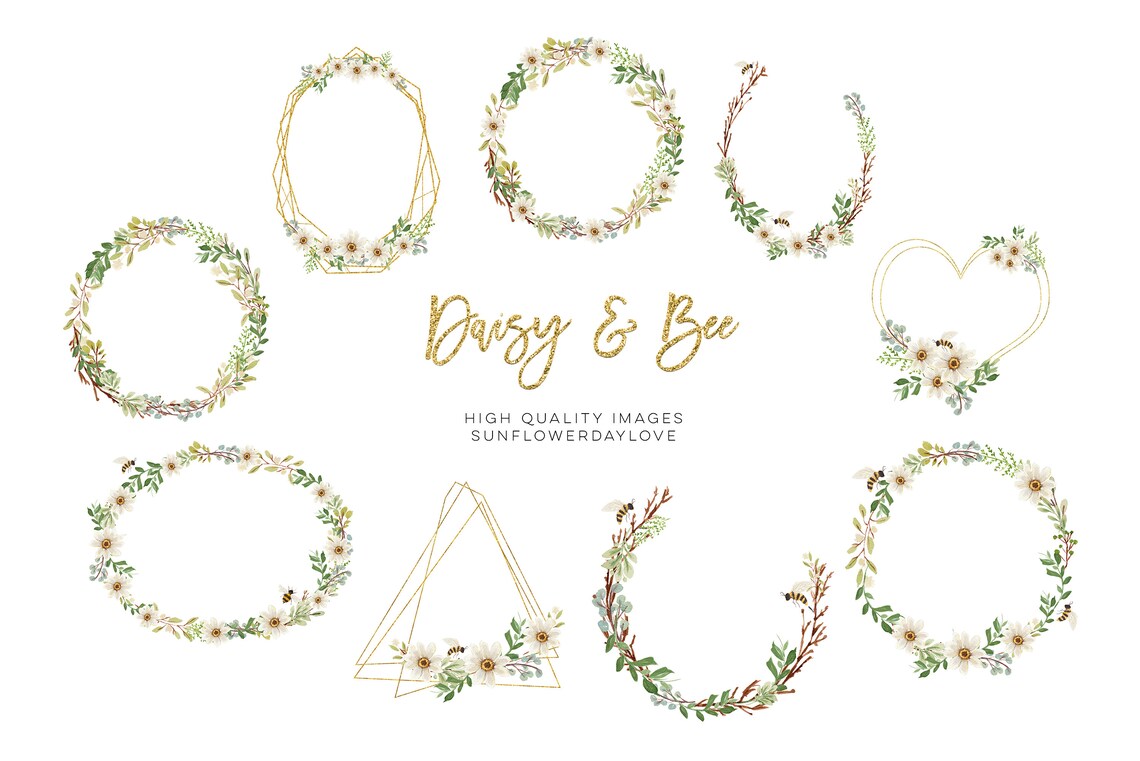 Daisies & Bee Frame Watercolor Clipart Greeting Cards Bee - Etsy