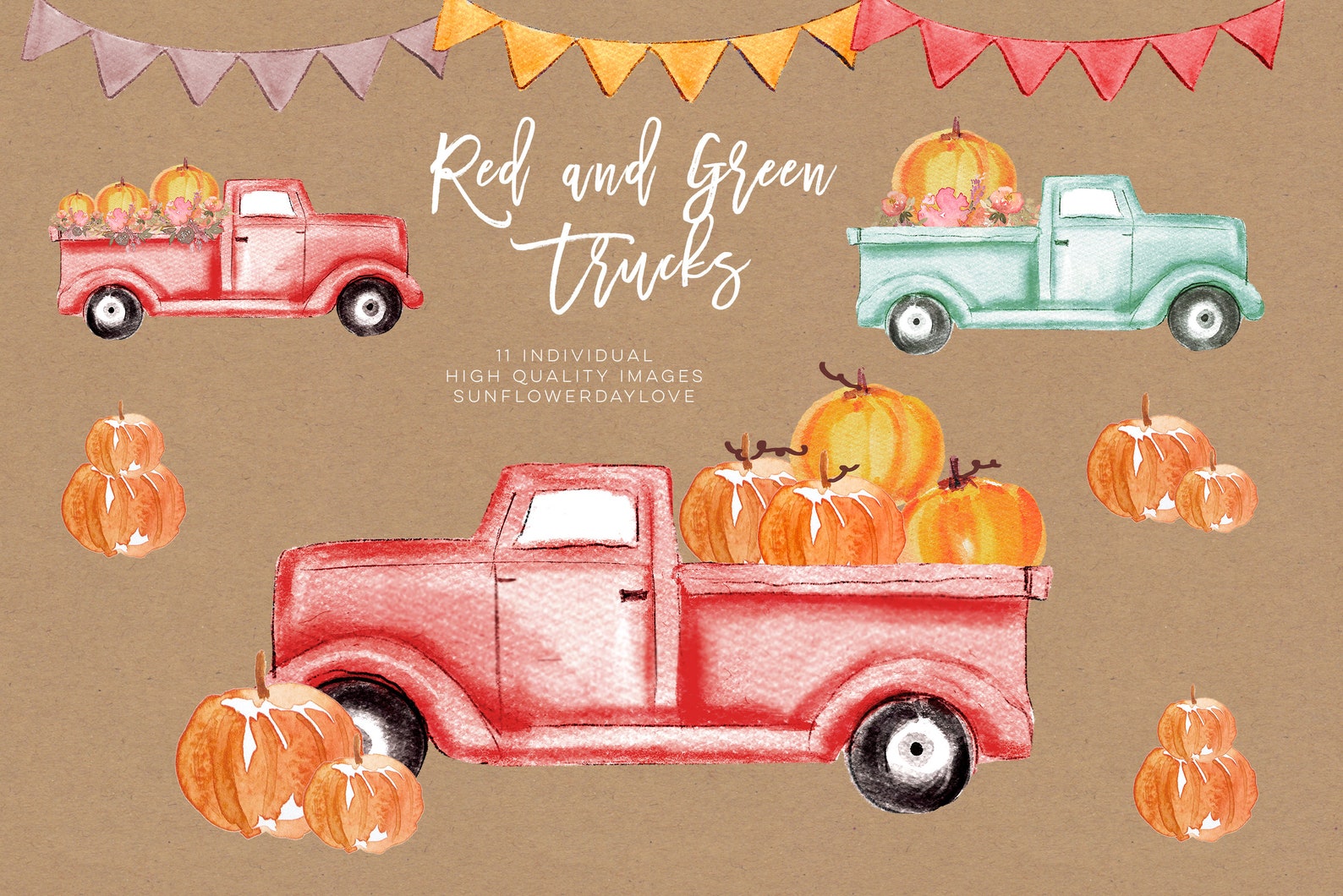 Pumpkin Truck Clipart Watercolor Red Truck Pumpkins Country | Etsy