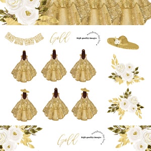 Elegant Gold Princess Dresses Quinceañera White Flowers Watercolor ...