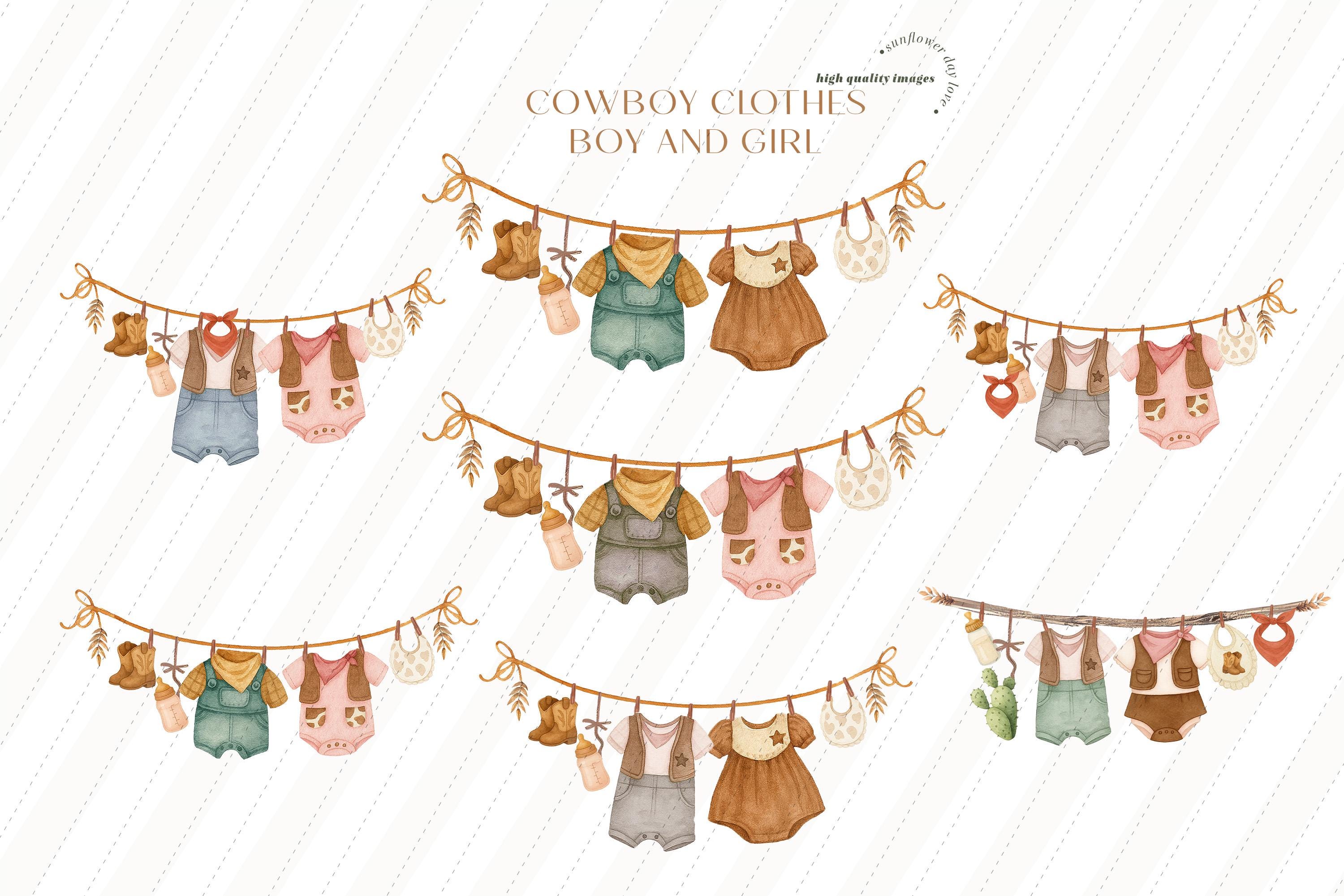Cowboy Clothes Boy and Girl Clipart, Watercolor Cowboy Baby Boy Clothes ...