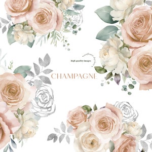 Champagne Flowers Silver Watercolor Bouquets Clipart, Elegant Champagne ...