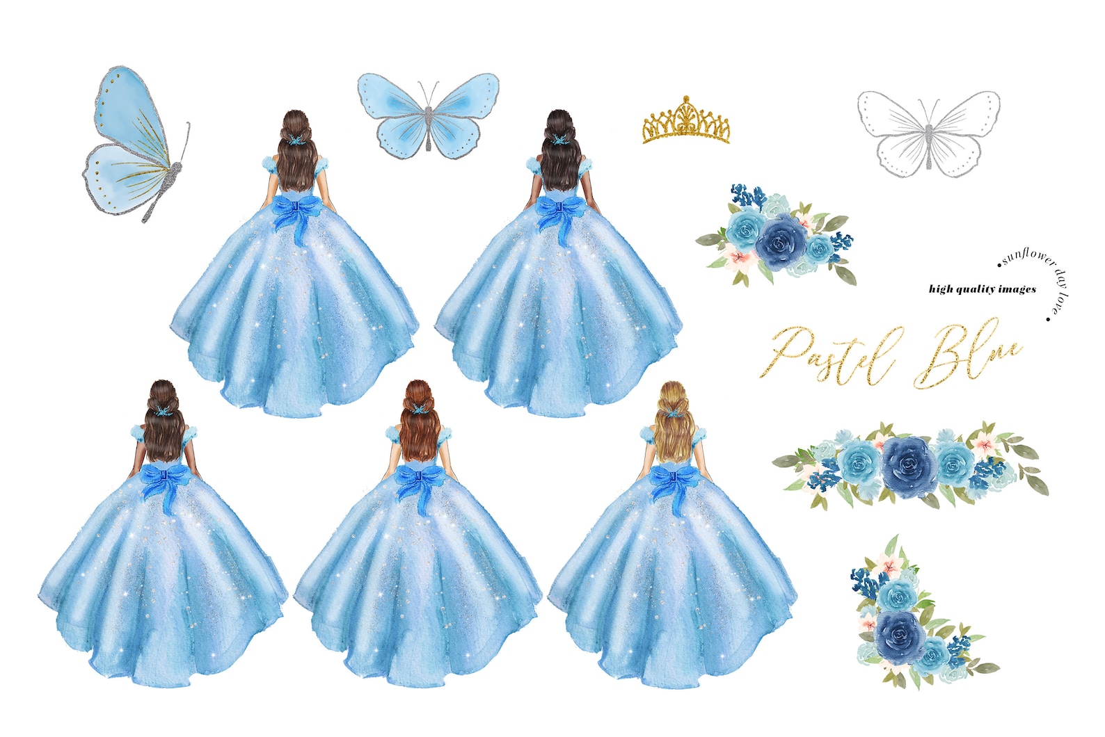 Elegant Pastel Blue Princess Dresses Fashion Clipart Blue - Etsy