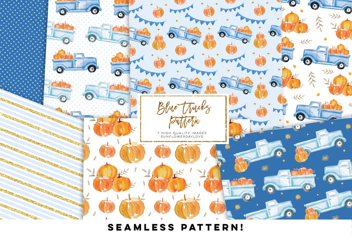 Fall Pumpkin Truck Clipart Seamless Pattern Blue Pumpkin - Etsy