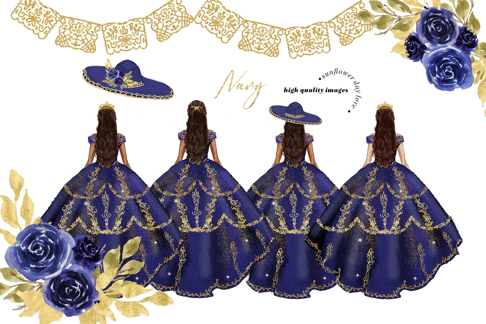 Navy Blue Princess Dresses Watercolor Clipart Navy Blue - Etsy