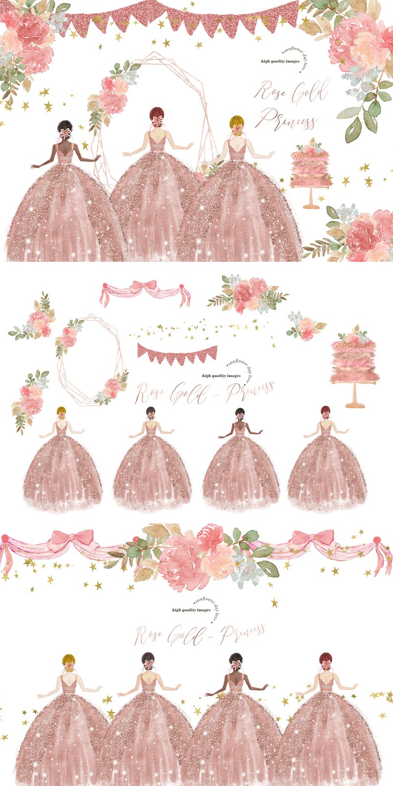 Modern Rose Gold Princess Dresses Pink Flowers Watercolor - Etsy