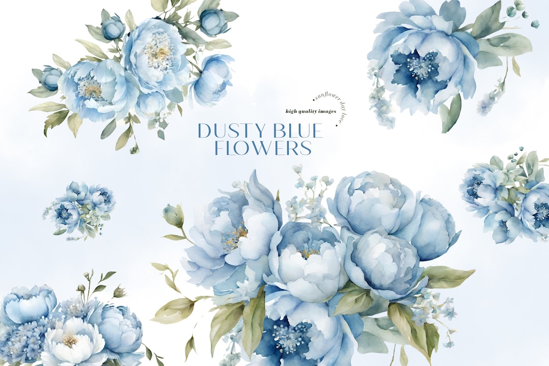 Watercolor Dusty Blue Flowers Clipart, Blue Flowers Bouquets Clipart ...