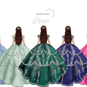 Colorful Princess Dresses Bundle Watercolor Clipart, Red Blue Purple ...