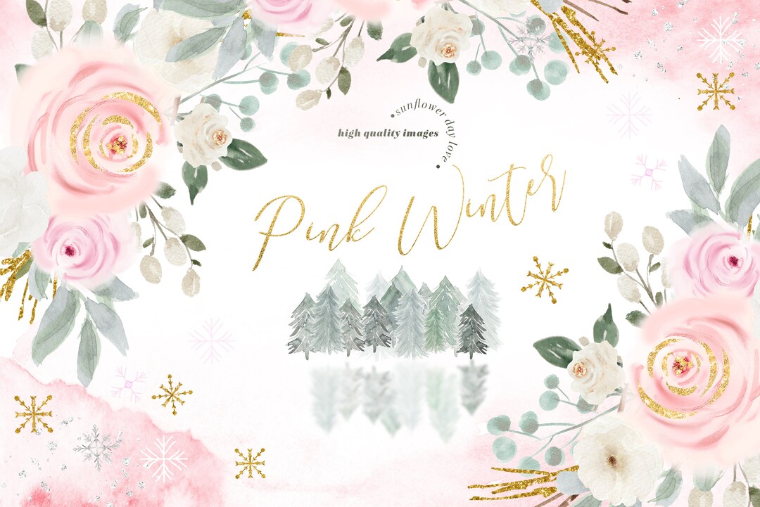 Elegant Winter Pink Floral Pine Trees Watercolor Clipart, Greenery ...