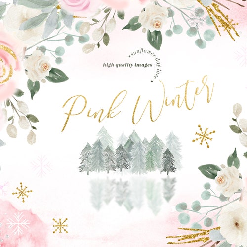 Elegant Winter Pink Floral Pine Trees Watercolor Clipart - Etsy