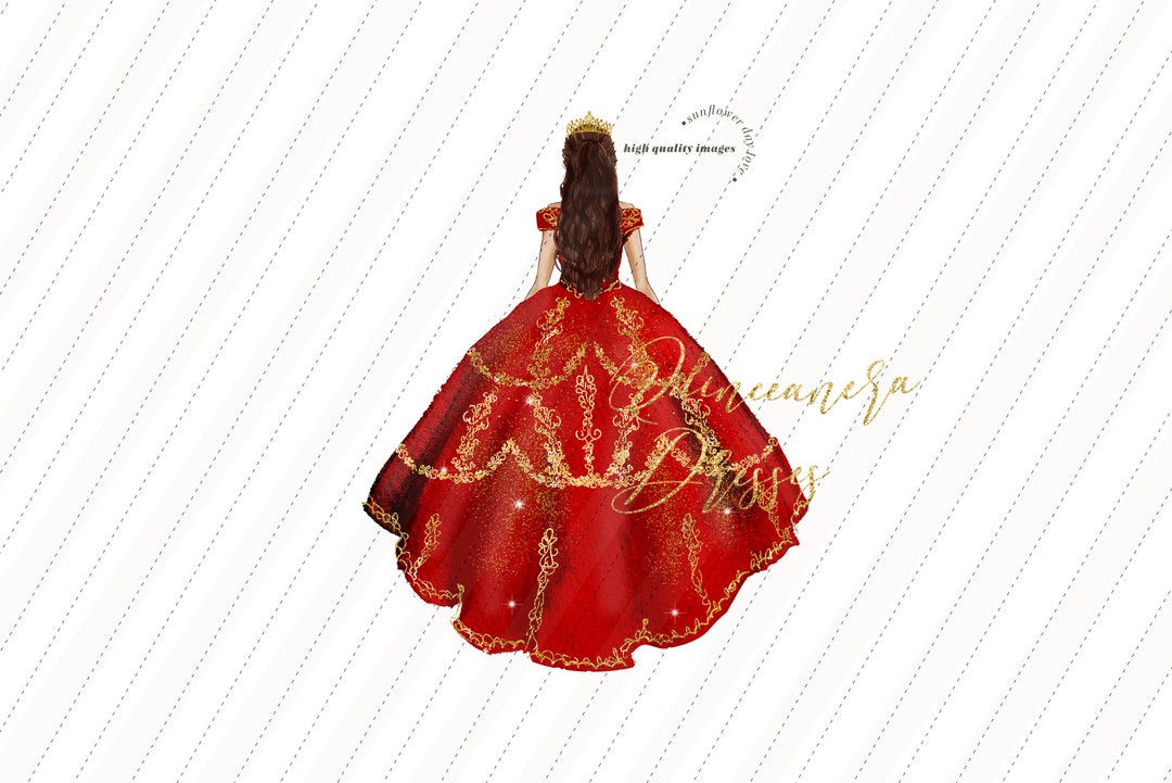 Red Princess Watercolor Dress Mexican Quinceañera Clipart, Elegant Red ...