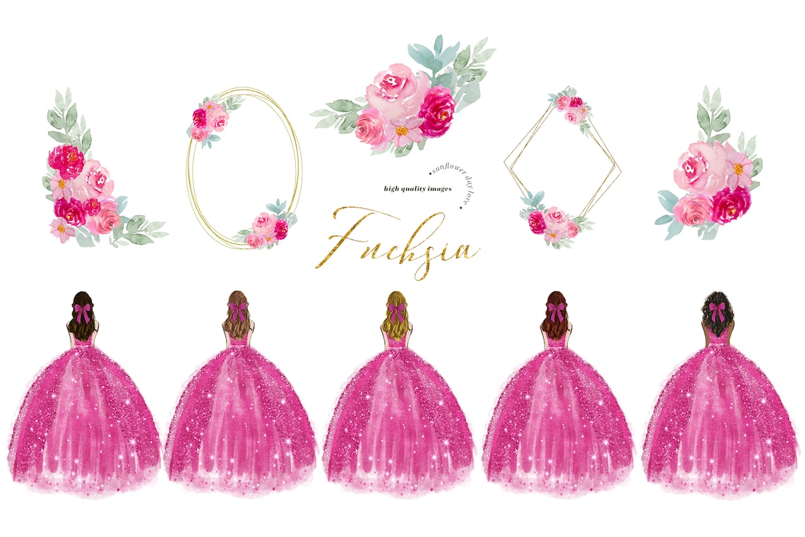 Elegant Fuchsia Pink Princess Dresses Quinceañera Pink Flowers - Etsy