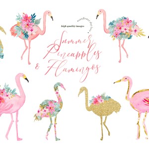 Tropical Clip Art, Pink Flamingos Watercolor Summer Clipart Set ...