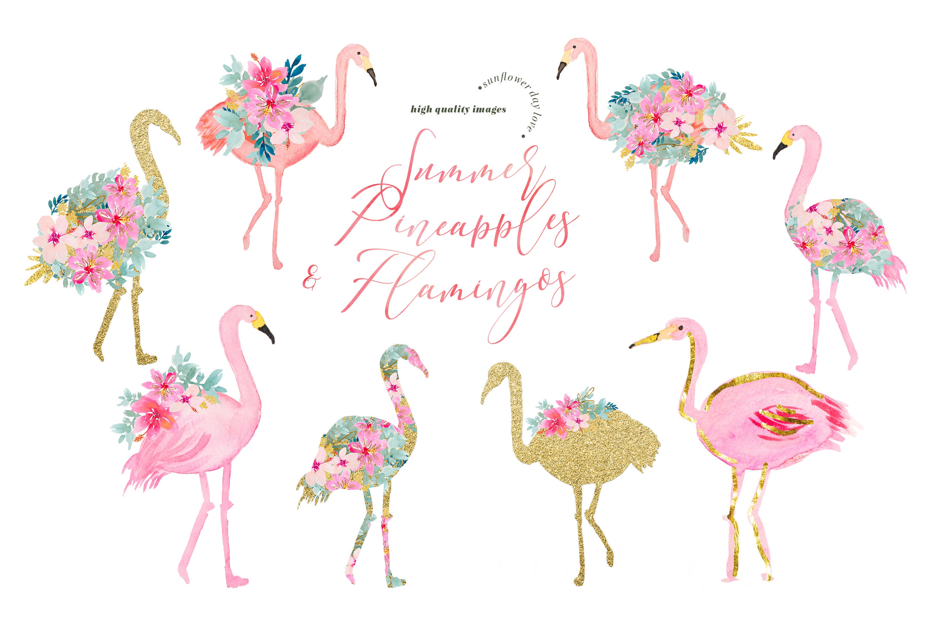 Tropical Clip Art Pink Flamingos Watercolor Summer Clipart - Etsy