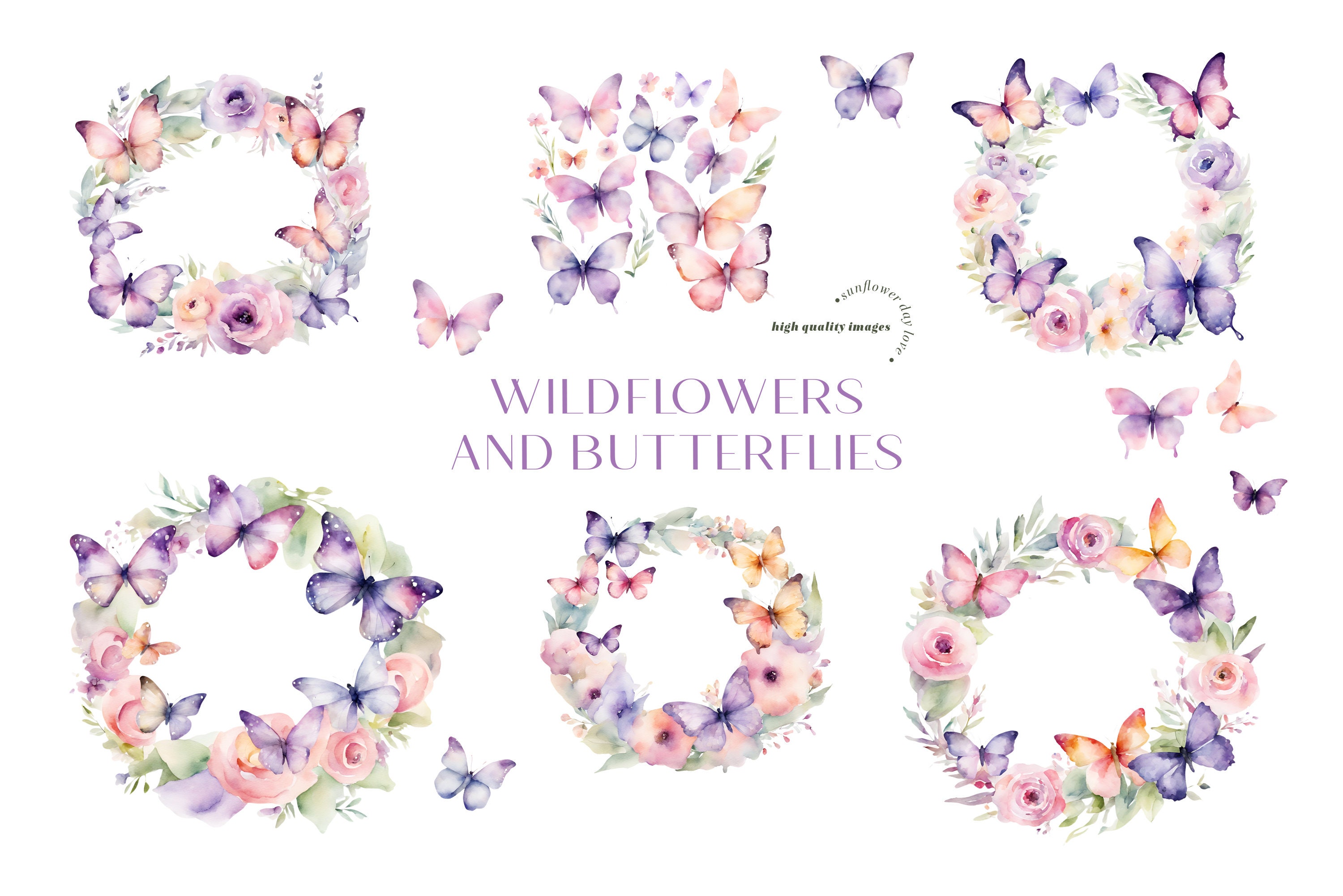 Watercolor Wildflowers Butterflies Clipart, Elegant Colorful Butterfly ...