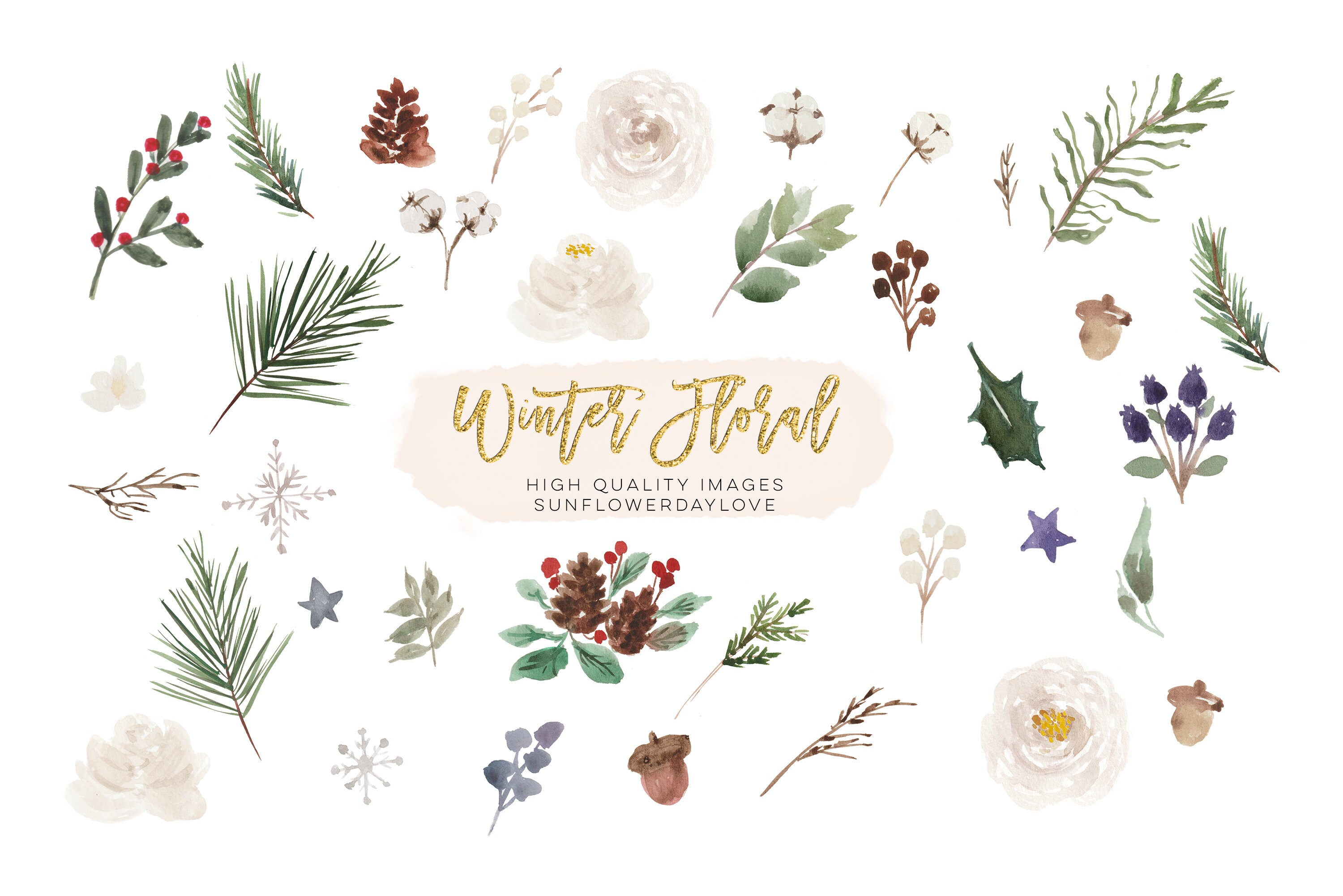 Watercolor Christmas floral clipart Winter floral clipart | Etsy