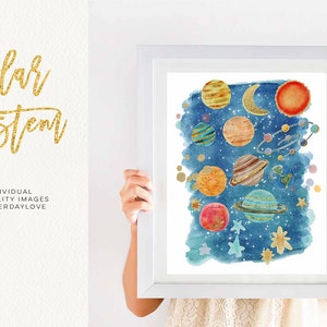 Watercolor SOLAR SYSTEM Clipart, Outer Space Clipart Planets Graphic ...