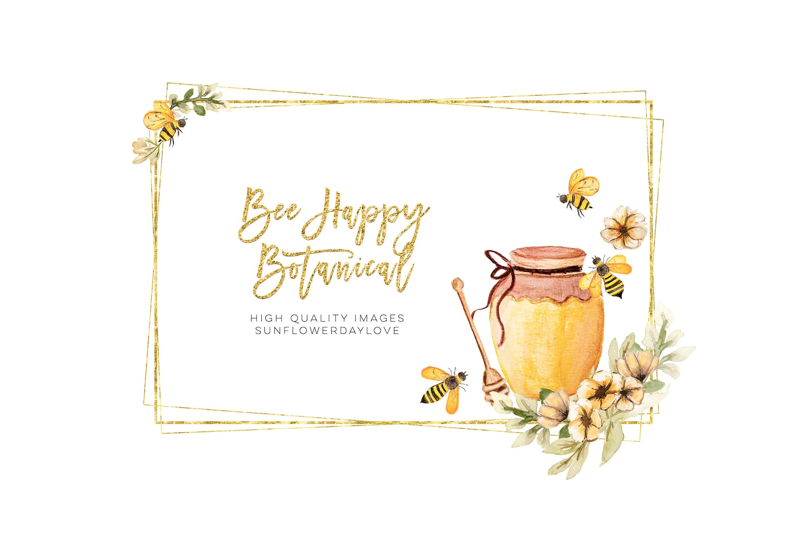 Bee Watercolor Clipart, Greenery Bee Frames Clip Art, Honey Bees ...
