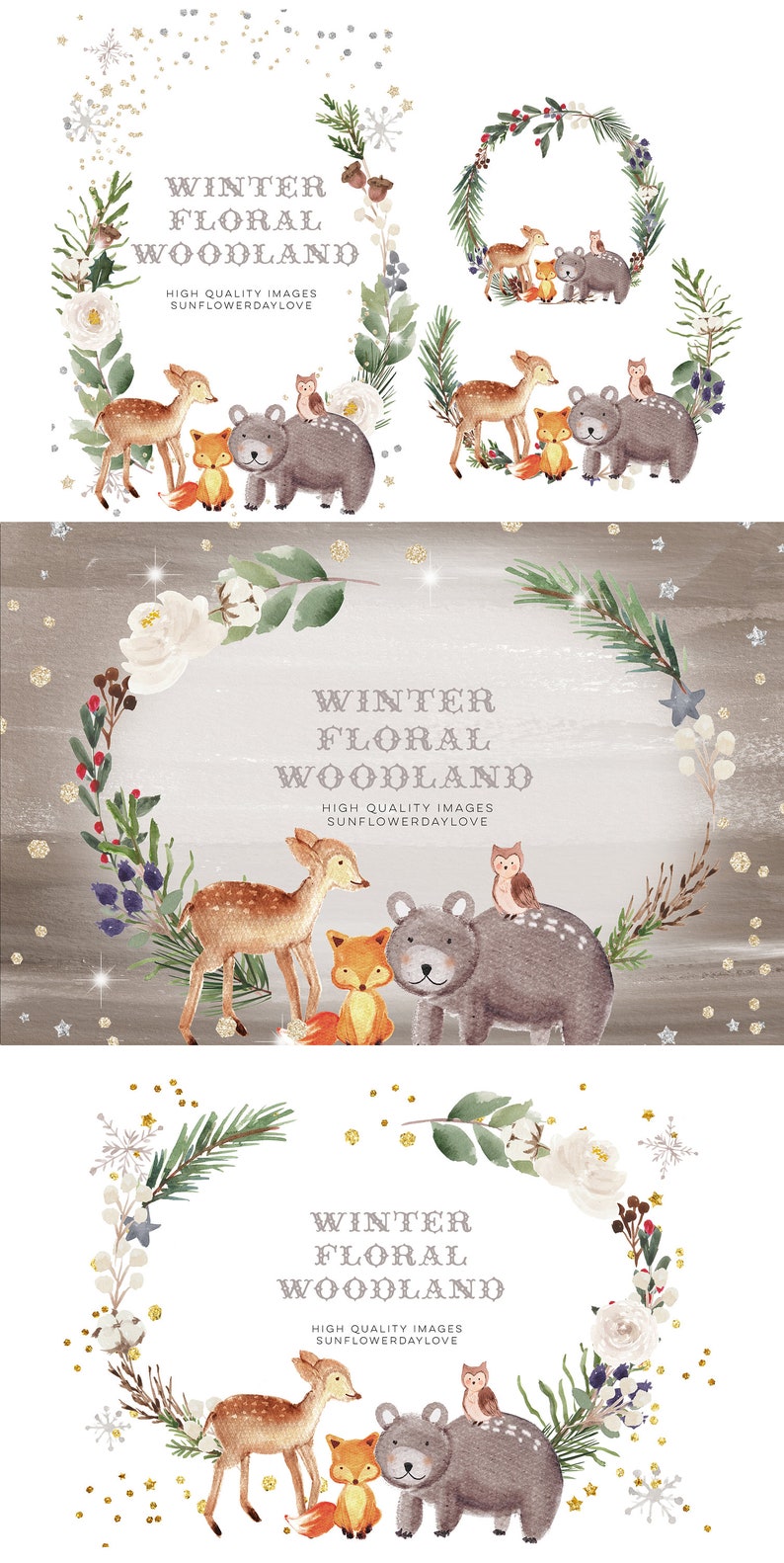Frame Watercolor Winter Woodland Christmas Animal Clipart | Etsy