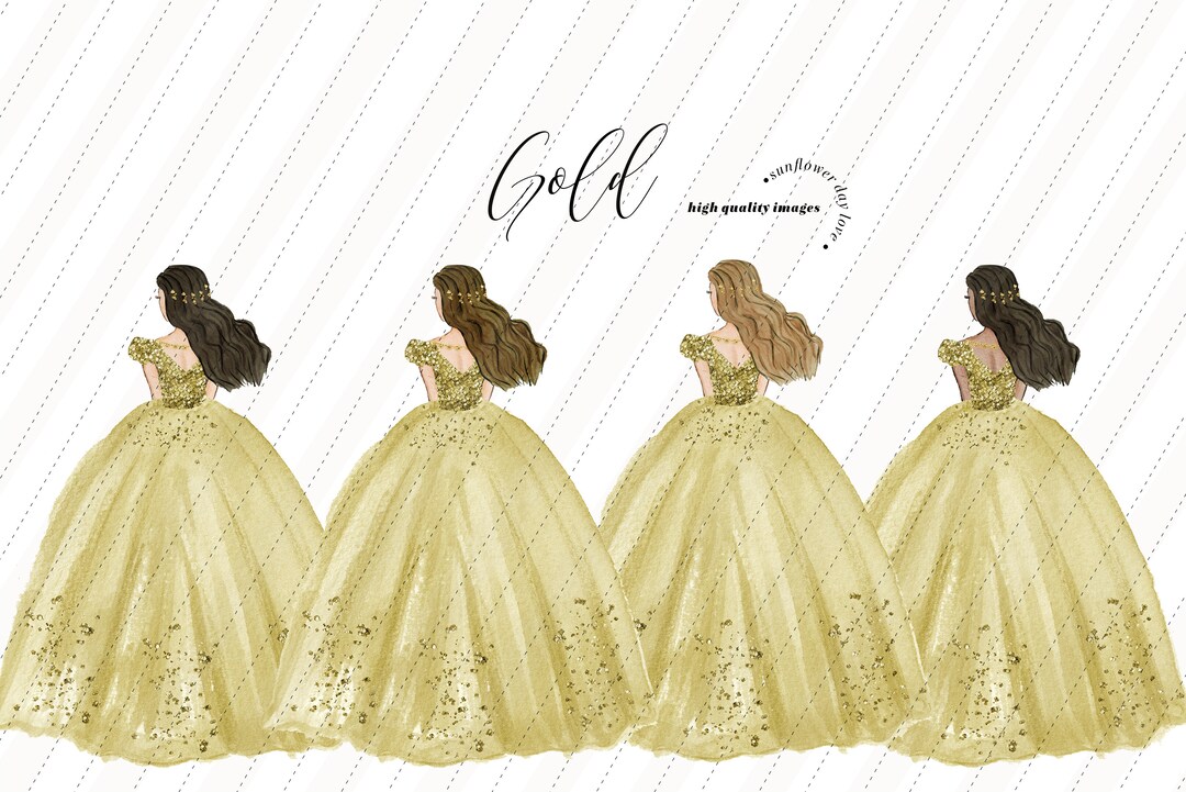 Elegant Gold Princess Dresses Quinceañera Watercolor Clipart, Gold ...